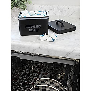 AuldHome Black Dishwasher Pod Holder, Tablet Container; Enamelware Kitchen Storage Tin with Lid