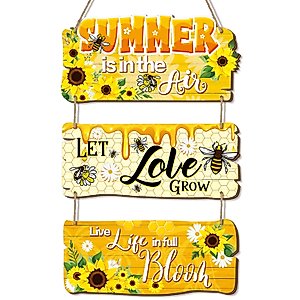 Summer Bee Welcome Door Sign Sunflower Front Door Decor Wooded Hanging Sign Farmhouse Sunflowers Front Porch Sign Inspirational Quotes Wall Decor for Home Living Room Decorations