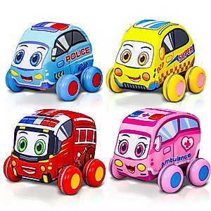 ArtCreativity Pullback Plush Car Set, Set of 4, Soft-Sided Stuffed Cars with Pullback Mechanism, Cute and Colorful for Babies and Toddlers, Best Birthday Gift for Little Boys and Girls