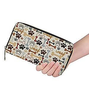 Brown Red Bone with Dog Paw Printed Women Travel Wallet, PU Leather Purse Coin Bag, Lovely ID Card Holder for Women