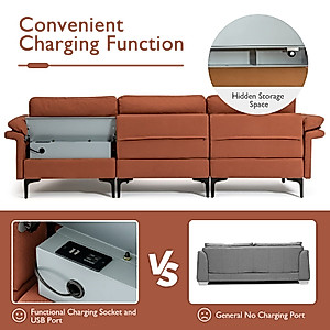 Giantex 100.5" L Convertible Sofa Couch, 3-Seat Sectional Sleeper with USB Ports & Socket, Storage Box, Metal Leg, L-Shaped Modular Sofa Reversible Chaise Lounge, for Living Room Bedroom Office Red