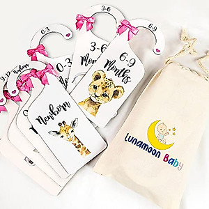 Double Sided Wood Closet Size Dividers for Baby girl Clothes Safari Animal Baby Clothing Size Age Dividers from Newborn Infant Nursery Closet Organizer with Ribbon, (0001)