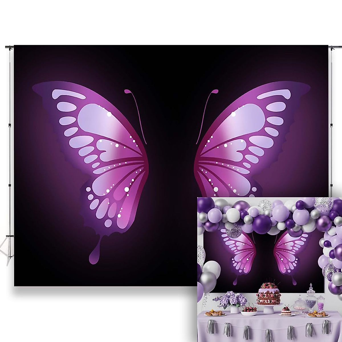 KUKUSOUL 7x5ft Purple Butterfly Wings Backdrop Shining Portrait Photography Background for Birthday Party Decor Banner Photo Booth Professional Studio Props KUBQY049