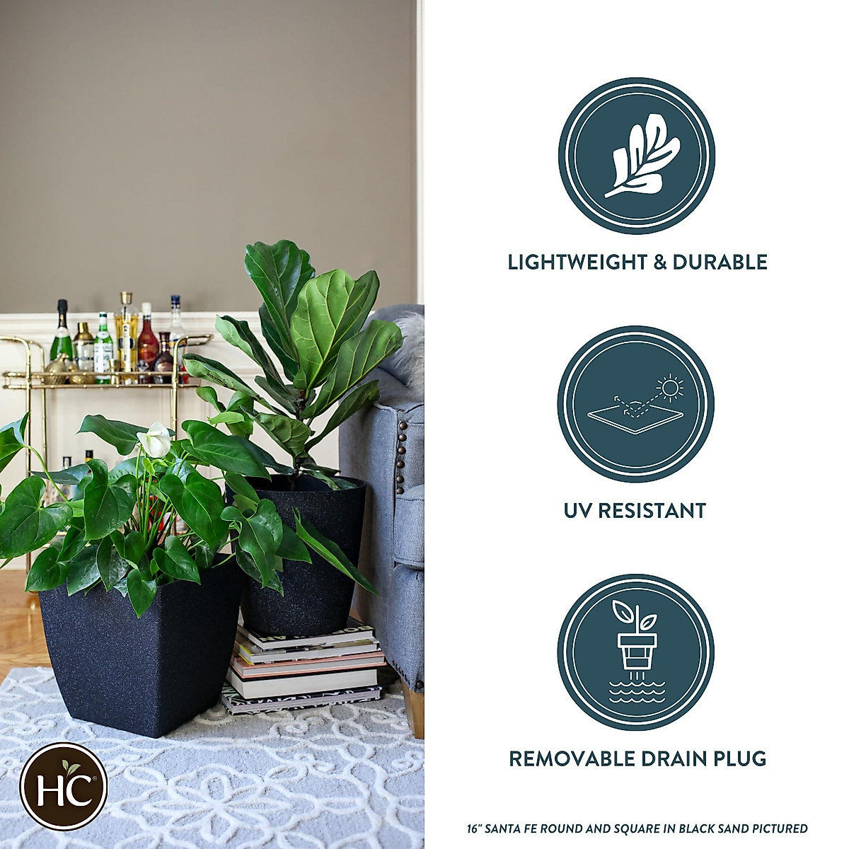 The HC Companies 12 Inch Santa Fe Square Self Watering Planter - Decorative Lightweight Plant Pot with Drainage Hole for Indoor Outdoor Use, Black Sand