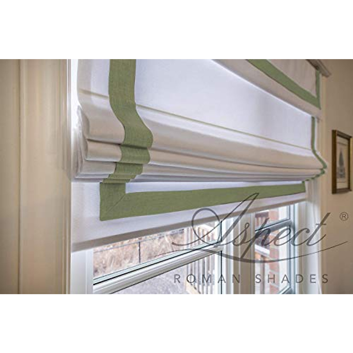 LOGANOVA Flat Roman Shade Chevalle Pine. Three sides light green border on white background. Includes valance and chain mechanism. Custom made.