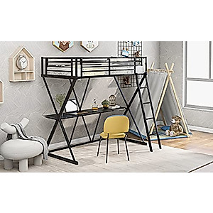 Twin Loft Bed with Desk, Loft Bed with Ladder and Full-Length Guardrails, X-Shaped Frame,Maximum Weight of 220 lb， Black（New）