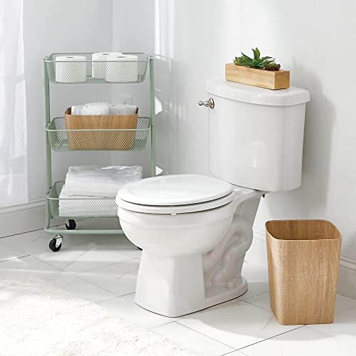 mDesign Square Trash Can Wastebasket, Garbage Container Bin - for Bathrooms, Powder Rooms, Kitchens, Home Offices - Natural/Tan Wood Print