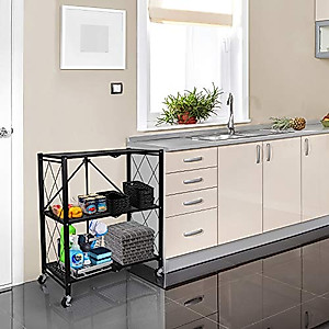 Miibox 3-Tier Heavy Duty Foldable Metal Rack Storage Shelving Unit with Wheels Moving Easily Organizer Shelves Great for Garage Kitchen Holds up to 750 lbs Capacity, Black (HKSHLFFOLD28153403BV6)