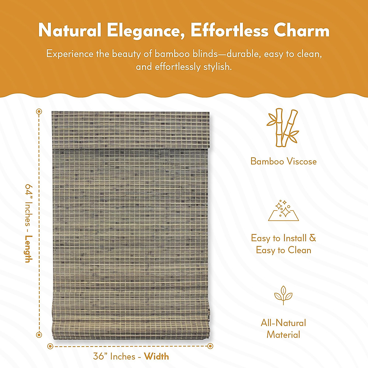 Radiance Cordless Bamboo Roman Shades for Windows - Flatstick Bamboo Blinds for Reduce Bright Light - Bamboo Roman Shades for Home & Offices - Driftwood - 36" W x 64" L - (2208862E)