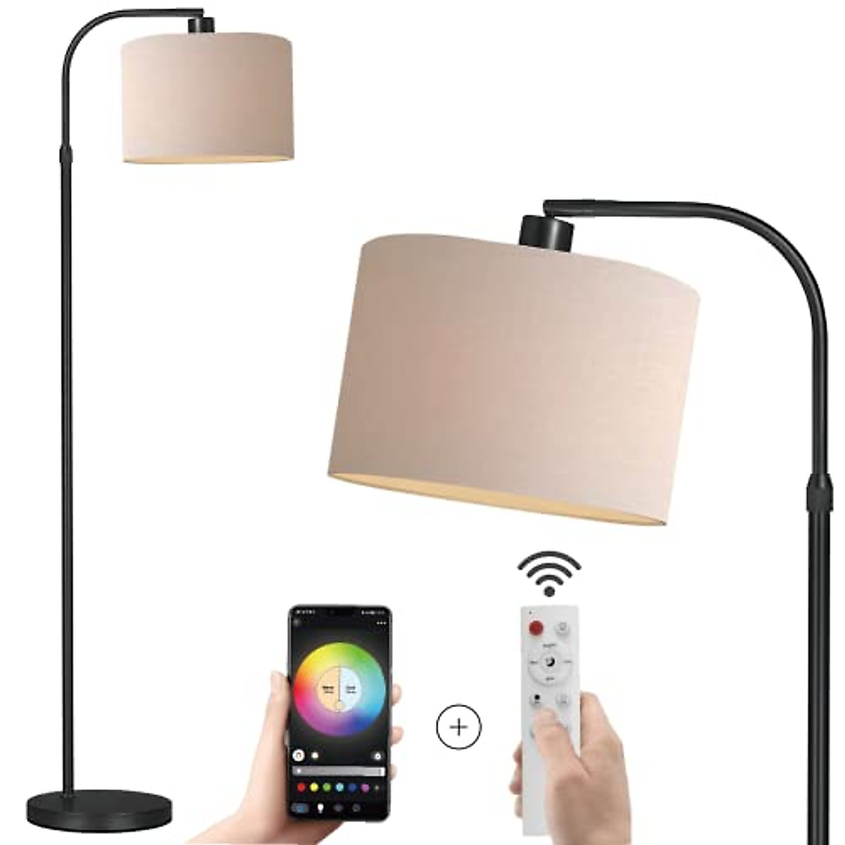 FINNCHY Black Floor Lamp with Remote Control, Adjustable Height Dimmable Floor Lamp for Bedroom, Arc Modern Floor Lamps Black Standing Lamps for Living Room, Smart Floor Lamp with 9W LED Bulb