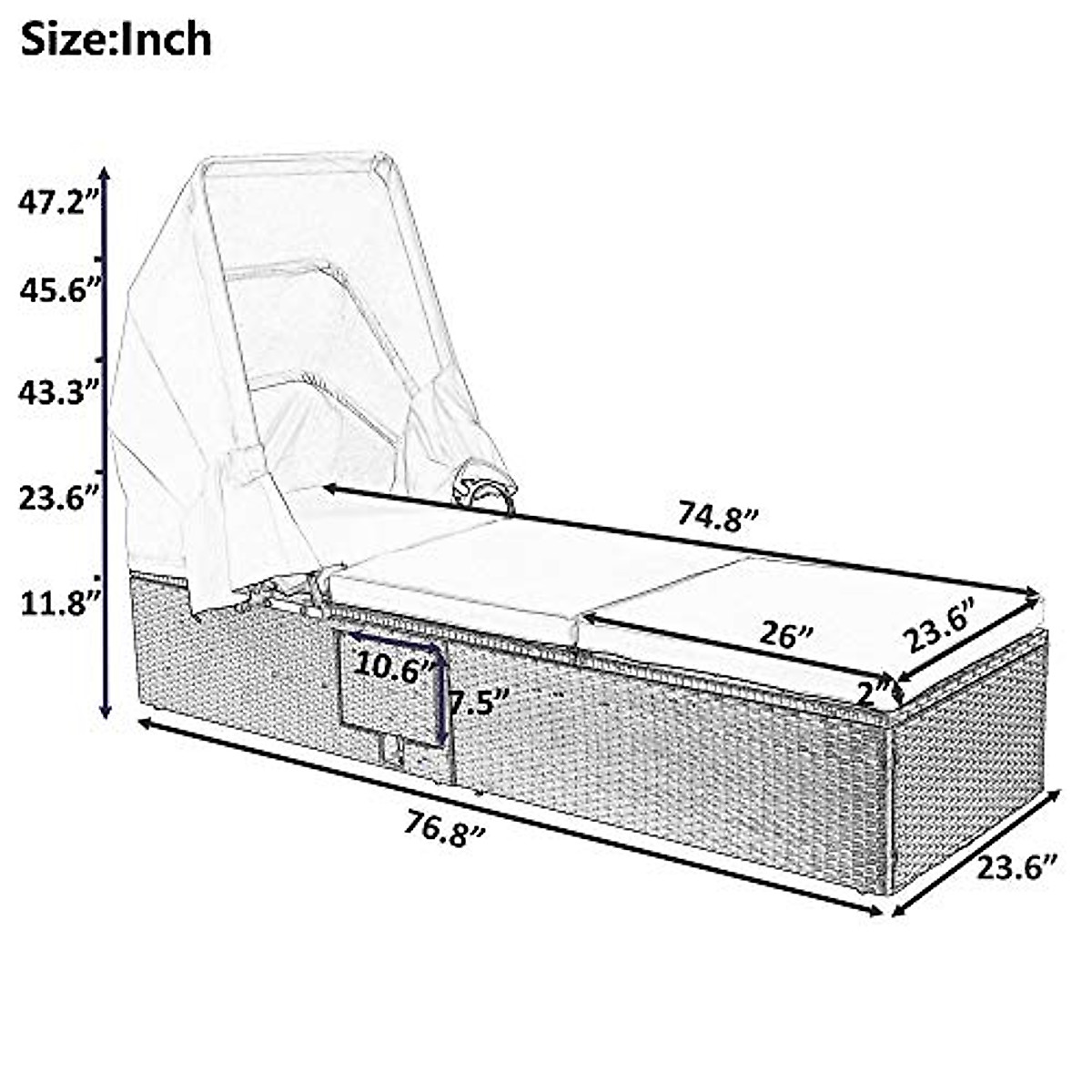 Merax Chaise Lounge Chair with Adjustable Canopy, Outdoor Reclining Chaise with Cushions & Flip-up Table, Patio PE Rattan Wicker Sun Lounger for Poolside (Blue Chaise x 2)