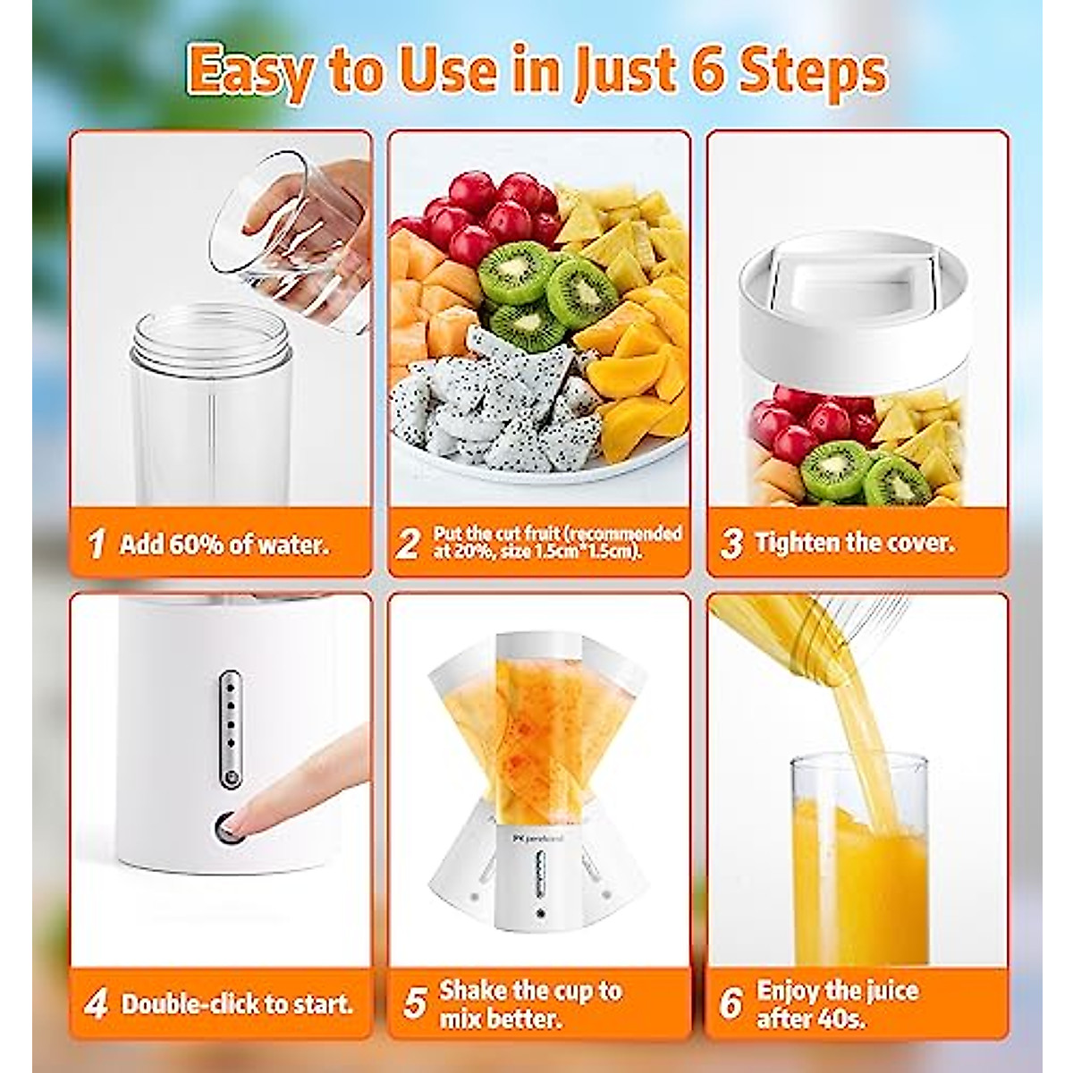 Portable Blender for Shakes and Smoothies, 20000rpm Ultra-Sharp 6 Blades Personal Mini Blender, 16 Oz BPA Free Mixing Juicer Rechargeable 4000mAh Electric Blender Bottles for Traveling, Gym, Office
