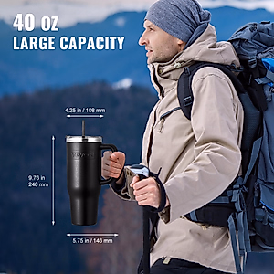 VEVOR 40 oz Insulated Water Bottle, Stainless Steel Sports Coffee Cup with Lid, Handheld Travel Coffee Mug Double Walled, Camping Hydration Flask Leakproof, for Indoor/Outdoor School, Work, Black