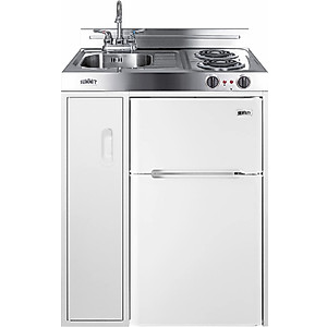 Summit C30EL 30" Kitchenette with 2 Coil Element Cooktop Sink and Faucet in White 2-door refrigerator-freezer included