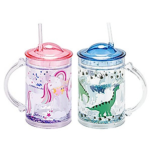 Nuovoo Kids Glitter Tumbler Cup Bulk with Lid and Straw, Cute Double Wall Tumbler Cups Turners with Handle for Starter, Clear Toddler Sippy Cup, Kawaii Rainbow Water Bottle, Set of 2, Pink & Blue