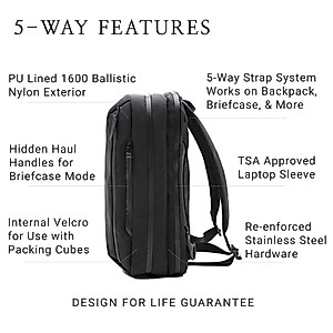 Everyman Hideout 5-Way Commuter Men’s Laptop Bag, Backpack & Tote for Business, Travel, Work, Indestructible & Waterproof - Black
