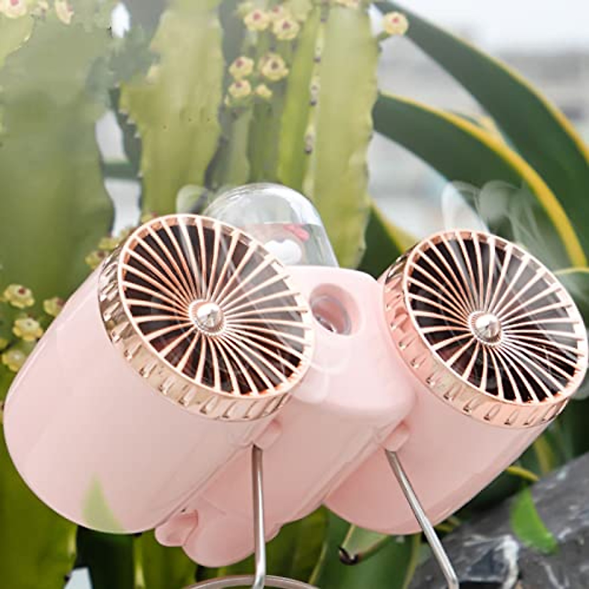 Mini Portable Fan, Dual Head with 3 Speeds Strong Wind, Personal USB Air Conditioner Humidifier Mini Cooling Fan 7 Colorful Nightlight for Home Travel,Office,and Camping, Outdoor (Pink)