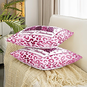 Pink Christmas Trees Throw Pillow Covers 24x24 Inch Set of 2 Leopard Print Glitter Stars Pillow Cases for Kids Teens Adults Winter Snowflake Decor Girly Cushion Covers for Bedroom Sofa RV