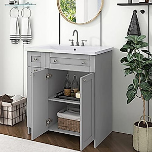 30 Inch Freestanding Bath Vanity in Grey with White Resin Top Modern Contemporary Painted Adjustable Shelving