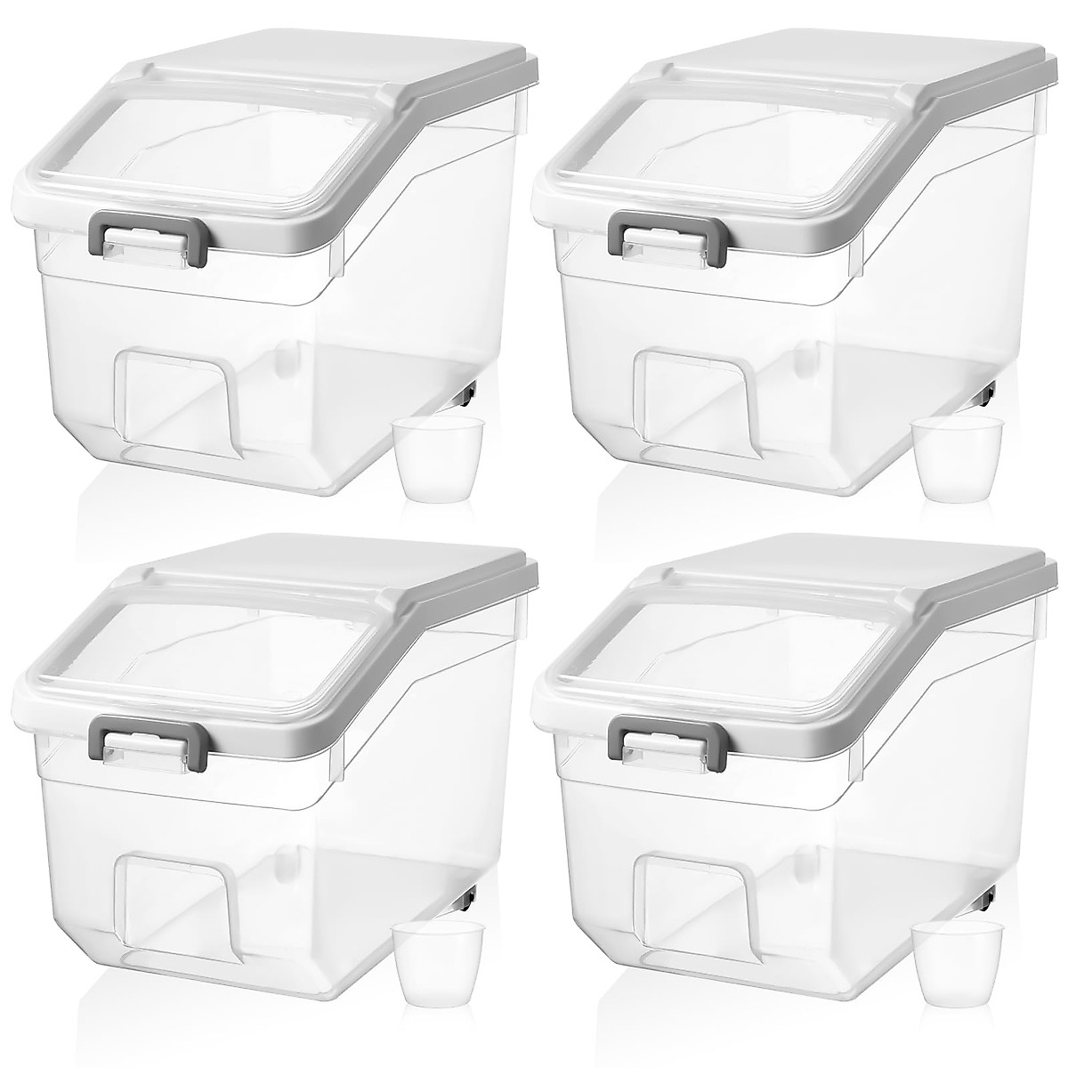 Sunnyray 4 Pcs Rice Storage Container 28 lb Airtight Flour Container with Wheels Measuring Cup Clear Pet Food Cube Dog Birds Cat Food Bin Grain Cereal Organizer Box for Dry Baking Supplies