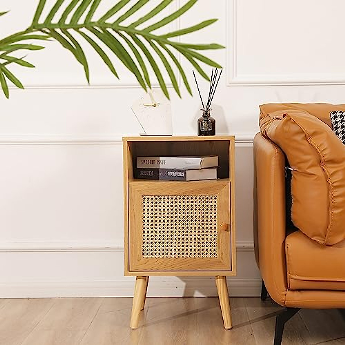 Betterhood Rattan Nightstand, Boho Side Table with Handmade Rattan Decorated Drawer, Mid-Century Modern Nightstand with Open Storage Shelf for Bedroom, Living Room, Natural