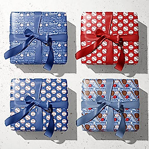 FIEHALA Flat Wrapping Paper Sheets - 12 Sheets with 4 Baseball Patterns - Pre cut & Folded Flat Design (20 inch × 27.5 inch per sheet)