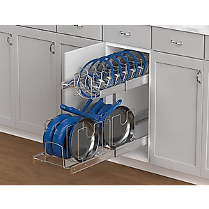 Mecete Pull Out Cabinet Base Organizer Pull-Out 2-Tier Base Cabinet Cookware Organizer (12 Inches) for Pots, Pans, and Lid Cookware, Chrome