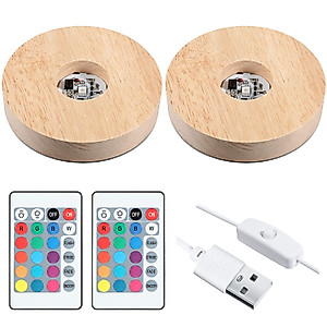 3.94 Inch Wooden Light Stand Base Colorful LED Lights Display Base with Remote Control for Selenite Tower 3D Laser Crystal Glass Resin Art (2 Pieces)