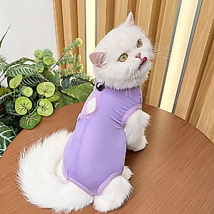 Yoolhamy Cat Recovery Suit for Post After Surgery, Elizabethan Collar & Cone Alternative, Anti-Licking Wound for Abdominal Wounds or Skin Diseases Kitten Bodysuit (Purple, L)