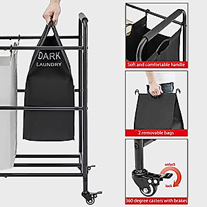 Tajsoon 2 Bag Laundry Sorter Cart, Laundry Hamper Sorter Basket with Heavy Duty Lockable Rolling Wheels for Clothes Storage, Black & Grey