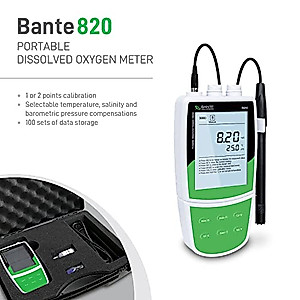 Bante 820 Portable Dissolved Oxygen Meter | Dissolved Oxygen Tester Kit | 10 ft Cable, 1 or 2 Points Calibration, 100 Sets of Data Storage, USB Communication Interface
