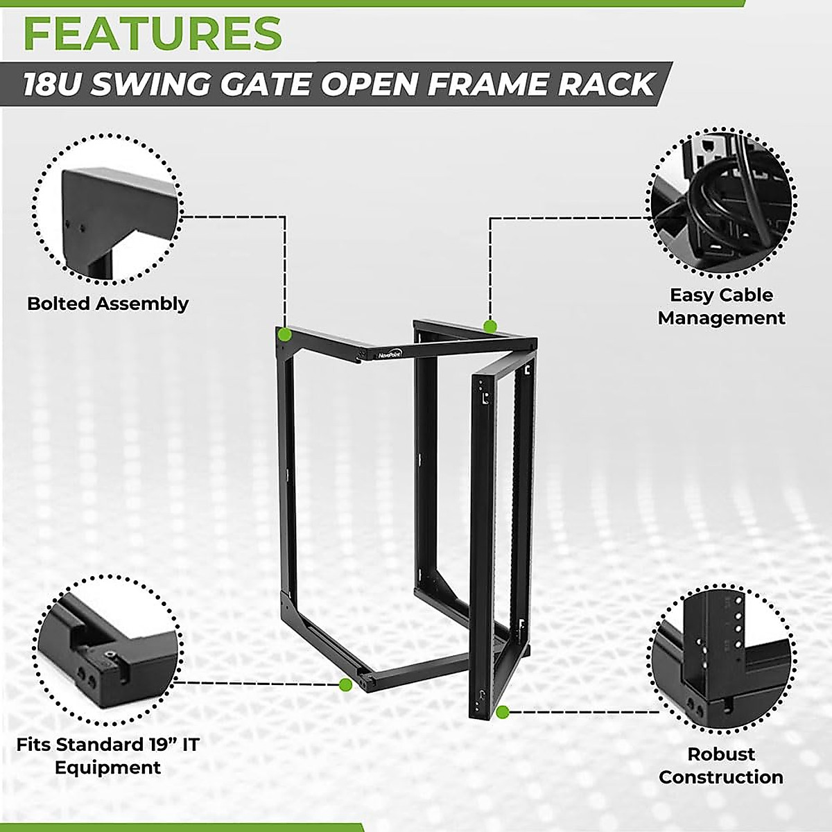 NavePoint 18U Server Rack with Swing Gate - 18U Wall Mount Rack for 19 Inch IT Equipment Open Frame Rack – Network Rack Wall Mount for AV & Server Equipment 18” Deep 18U Rack, Black