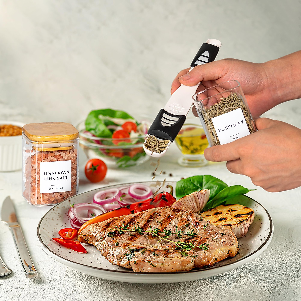 Laramaid 7oz 12Packs Glass Jars Set with 208 Minimalist Spice Labels, Square Spice Jars with Bamboo Lids and White Vinyl Customized Sticker Labels, Food Storage Container Canisters