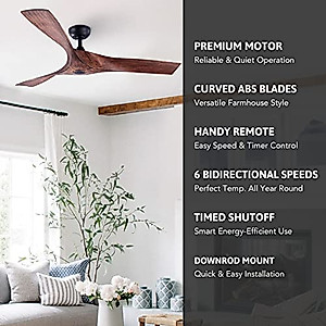 VONLUCE 52" Ceiling Fan No Light with Remote Control, Industrial Ceiling Fans with 3 Walnut Plastic Blades, Mid Century Indoor Ceiling Fan Airplane Propeller for Kitchen Bedroom Living Room