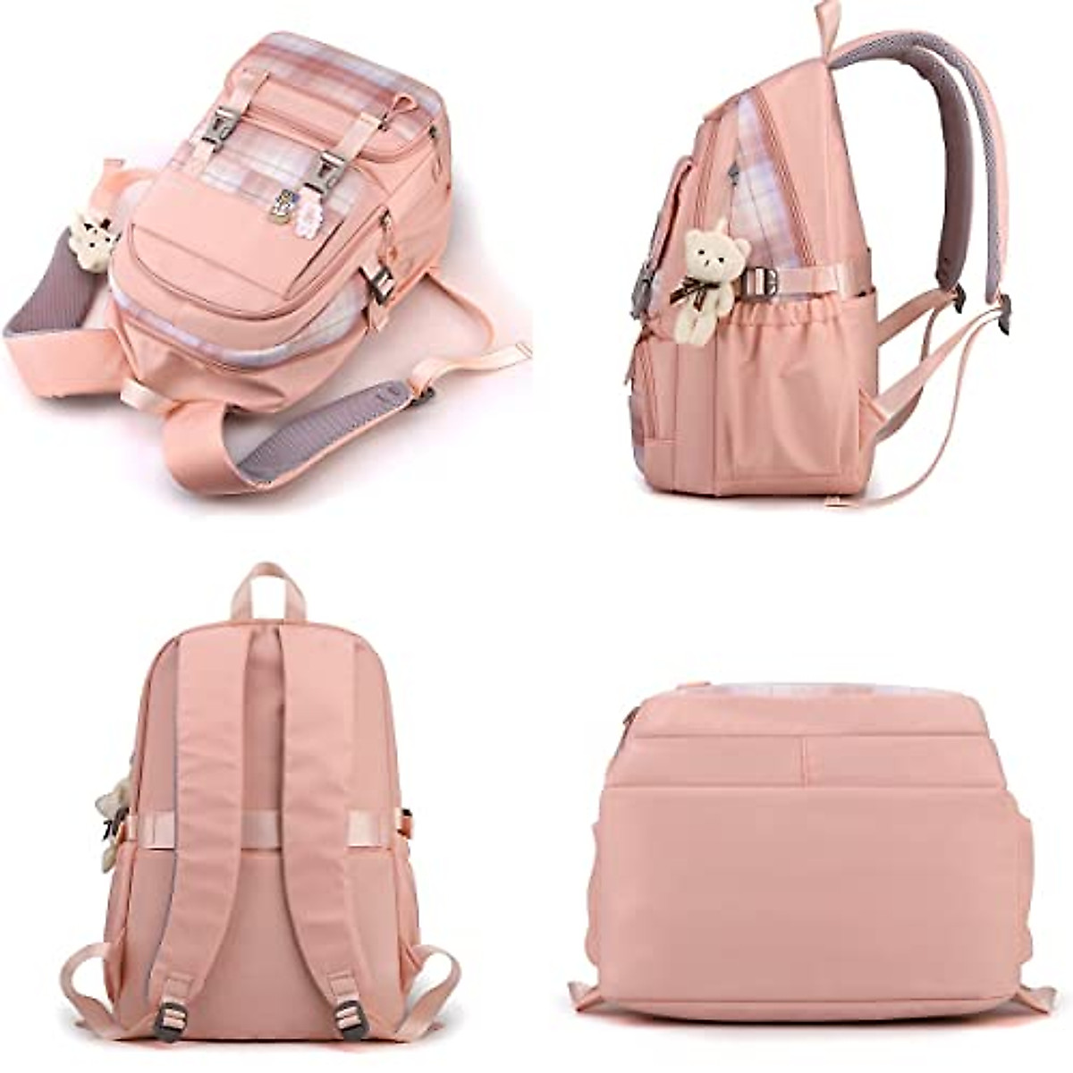 Aesthetic Backpack for School, Cute Girls Preppy Book Bag, Kawaii Large Capacity Middle School Plaid Backpack for Teenagers (Grey)