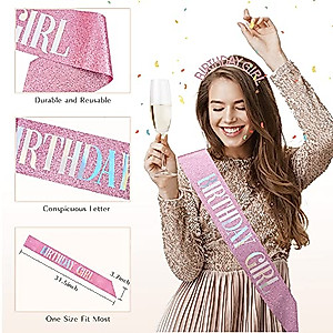 PQRUU Birthday Sash for Women Pink Birthday Girl Sash Glitter Birthday Sash and Tiara for Women Birthday Crowns for Women Happy Birthday Decorations Accessories Rhinestone Birthday Girl Headband