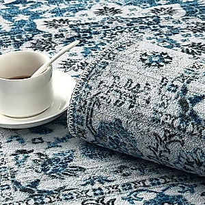 GAOMON Area Rug 8x10 Washable Rug Washable Living Room Rugs Large Medallion Distressed Carpets Indoor Soft Floor Anti Slip Carpet for Under Dining Table Bedroom Farmhouse Home Office,Blue