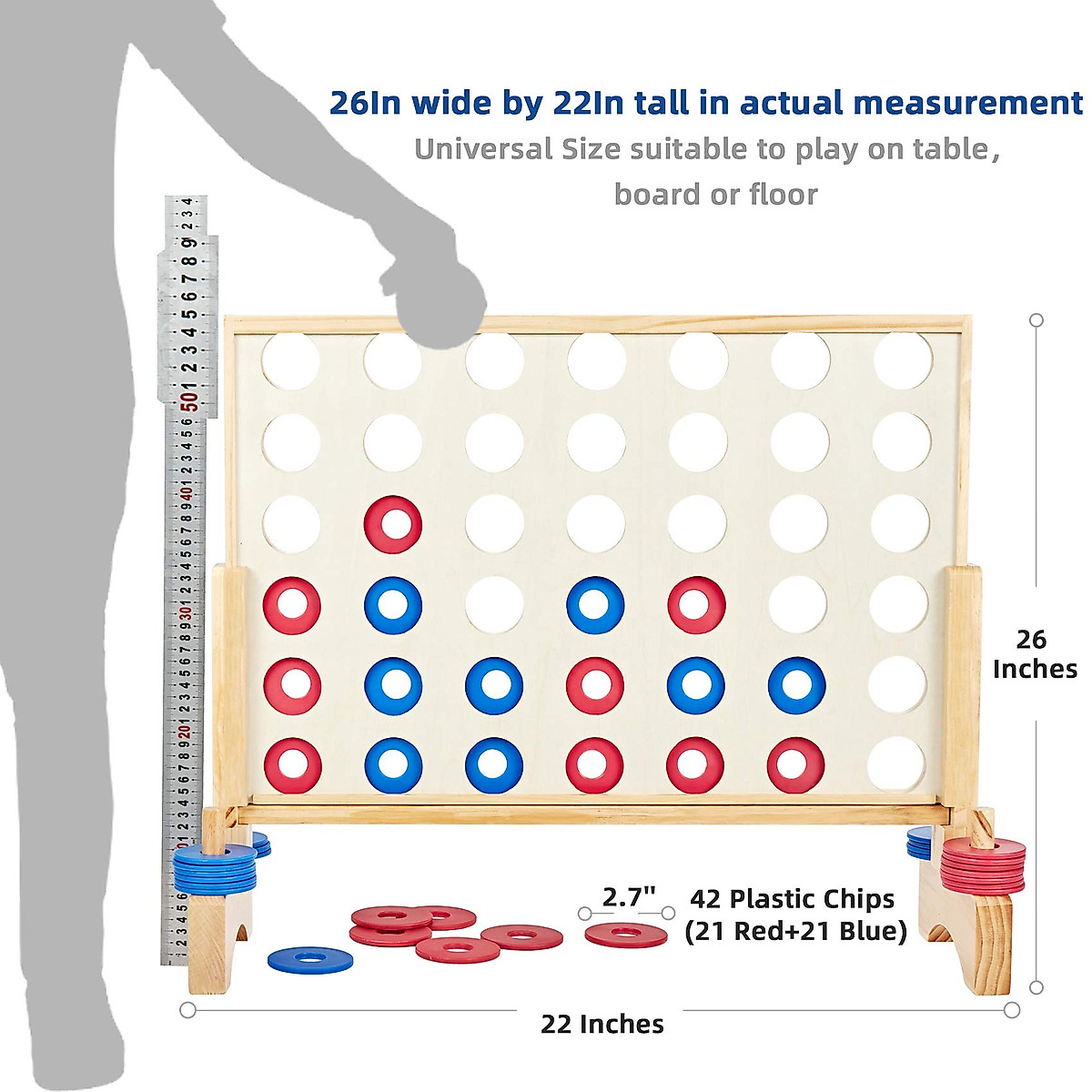 Pointyard 26X22In Giant Wooden 4 in a Row Game, Outdoor Yard Game for Famlies Adults, 42 Pcs Chips & Durable Carrying Bag, Halloween Christmas Party Game Gifts for Lovers
