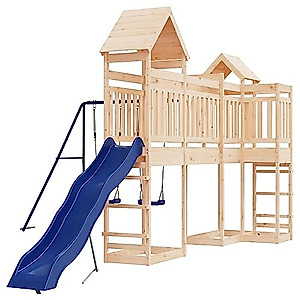 Loibinfen Outdoor Playset Solid Wood Pine,Garden Play Set with 1 Play Towers with Bridge,1 Wave Slide,1 Double Swing Set,Modern Outdoor Backyard Children's Climbing Wood Playground Playset,-4558