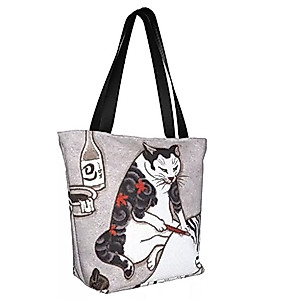 WYKD Women Canvas Bag Large Capacity Tote Funny Cats Printed Shoulder Bags Handbag Eco Cloth Fabric Shopping Bags for Girls