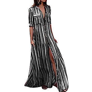 F_Gotal Womens Rainbow Loose Button Down Stripes Roll Up Sleeve Maxi Dress with Pockets Beach Sundress Party Cocktail