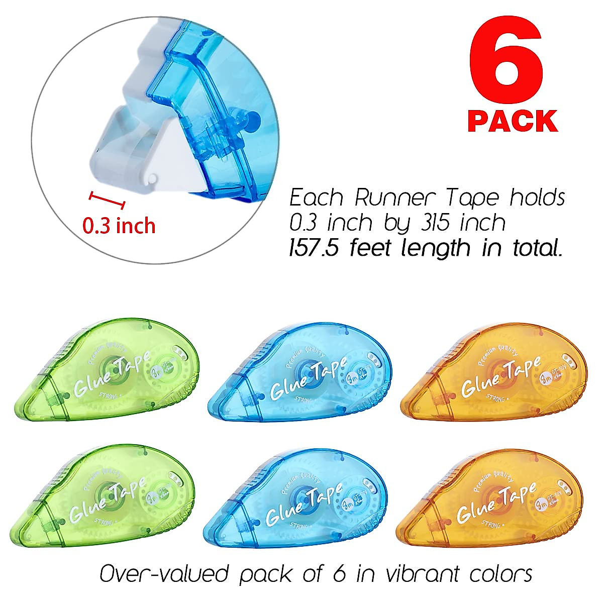 XUXU 6 Pack Double Sided Tape Roller, Scrapbooking Tape, Permanent Adhesive Tape Dispenser Runner for Crafts and Arts Projects, Photo-Safe, 0.3-inch by 315-Inch