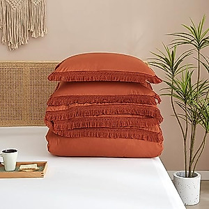 Smoofy California King Comforter Set Terracotta 3 Pcs Boho Fringe Tufted Soft Microfiber Oversized Bedding Sets, Tassel Burnt Orange Comforter Sets for All Season (1 Comforter + 2 Pillowcases)