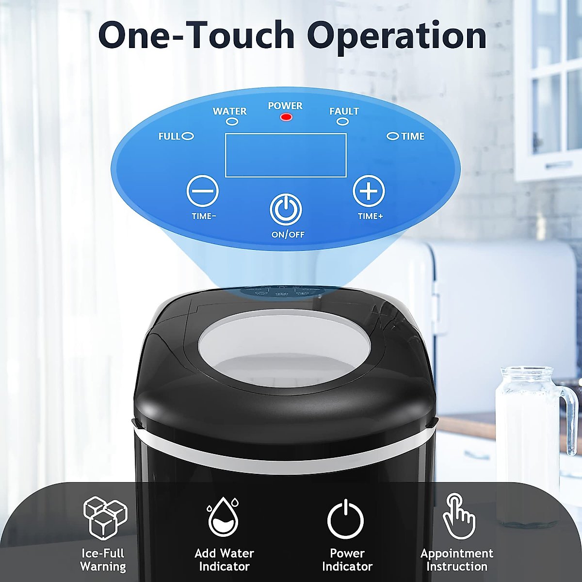 Ice Maker Machine for Countertop - Portable Ice Cube Maker delivers 24 Ice Cubes in 15 Min, 33Lbs/24H, Self-Cleaning, Ice Scoop & Basket, LCD Display, Visible Window, for Home Use/Party/Camping, Black