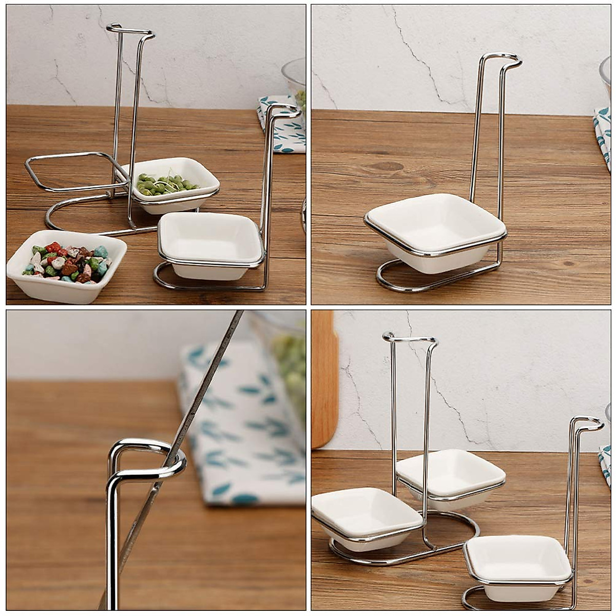 DOITOOL White Ceramic Double Ladle Spoon Rest Holder with Stainless Steel Rack Upright Utensil Holder for Stovetop Kitchen Counter Organization