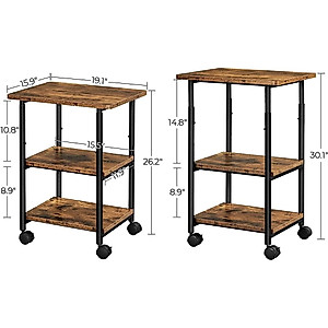 VASAGLE Industrial Printer Stand, 3-Tier Machine Cart with Wheels and Adjustable Table Top, Heavy Duty Storage Rack for Office and Home, Rustic Brown and Black UOPS003B01