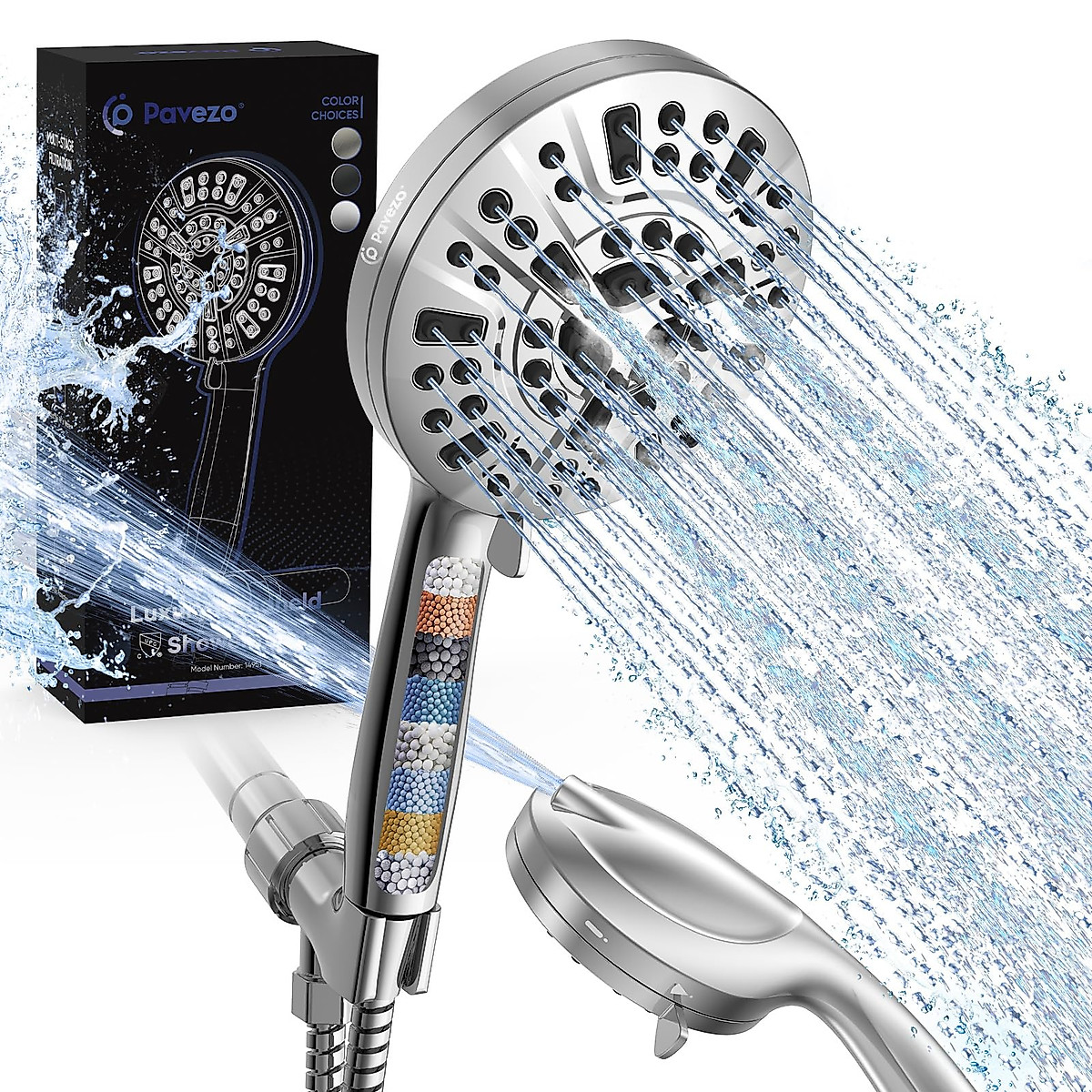 Pavezo High Pressure Shower Head Handheld 5" Large, Extra Long 72" SS Hose 10-mode Portable Detachable Shower Head with Hard Water Filter for Bathroom, Anti-clog & Powerful to Clean Tile & Pets
