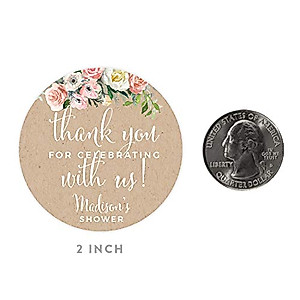 Andaz Press Peach Coral Kraft Brown Rustic Floral Garden Party Wedding Collection, Personalized Round Circle Label Stickers, Thank You for Celebrating with US, 40-Pack, Custom Name