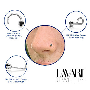 Lavari Jewelers 22 Gauge Curved Screw Nose Ring for Women in 14k White Gold with 0.05 Carat Black Diamond