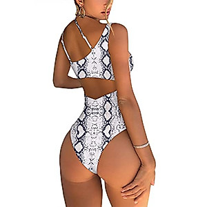QINSEN Womens Snake Skin Monokini Cut Out Front Ruched Back High Cut One Piece Swimsuit Plus Size Bathing Suit XL